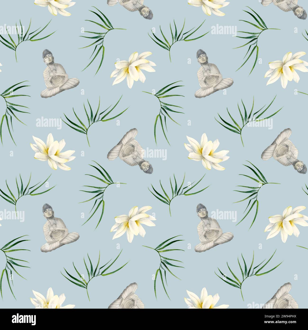 White lotus flowers with bamboo branches and Buddha watercolor seamless ...