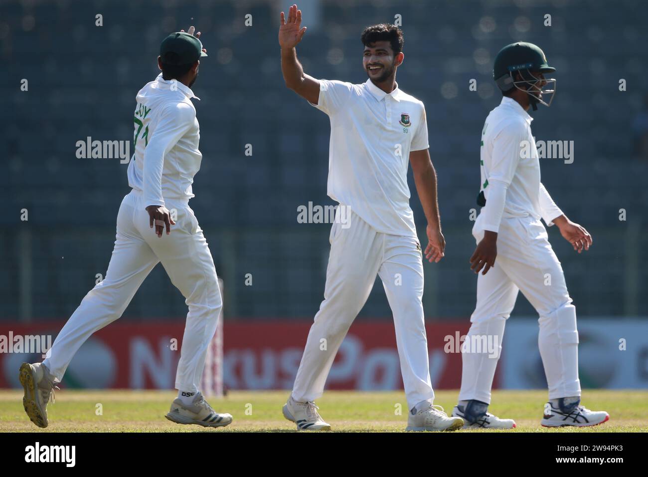 Bangladeshi bowler Nayeem Hasan celebrates after gets Devon Conway ...