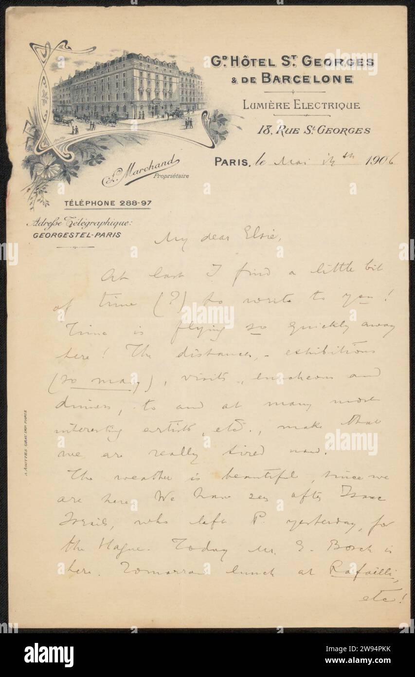 Letter to Elsie Maud Cownie, Philip Zilcken, 1906 letter Paris paper ...