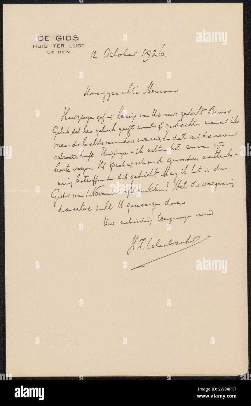Letter to Anna Dorothea Dirks, De Gids (magazine), 1926 letter Leiden ...