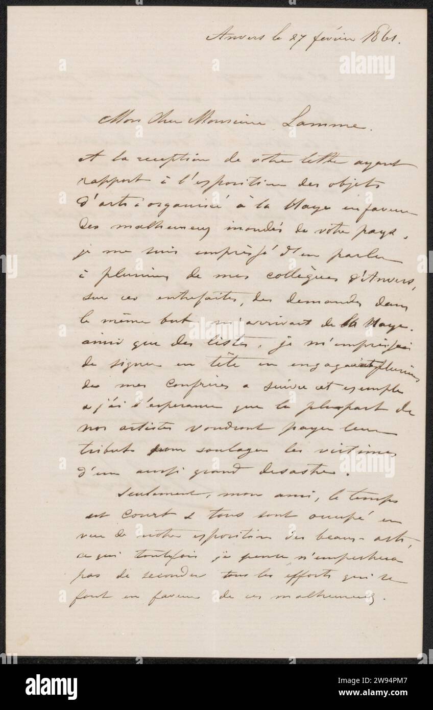 Letter to Ary Johannes Lamme, Nicaise de Keyser, 1861 letter Antwerp paper. ink writing ...
