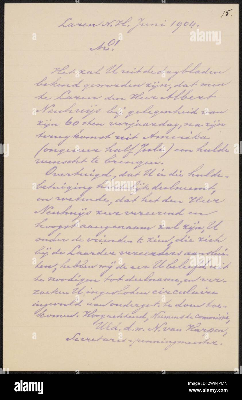 Letter to Anonymous, Nico van Harpen, 1904 letter Laren paper. ink ...