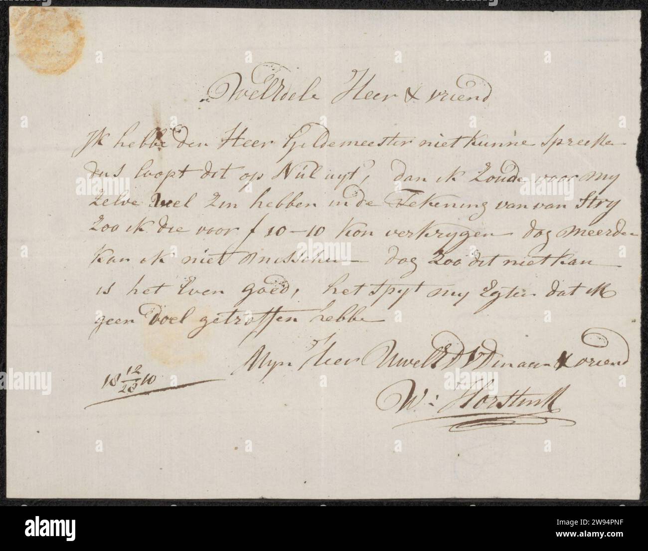 Letter to Adriaan van der Willigen, Warner Horstink, 1810 letter paper ...