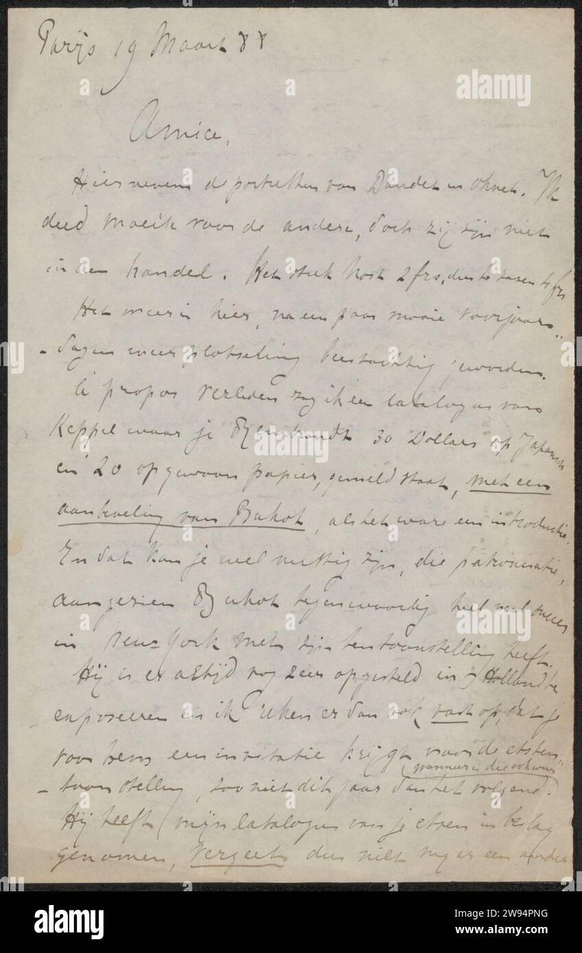 Letter to Philip Zilcken, Adriaan Pit, 1888 letter Paris paper. ink ...