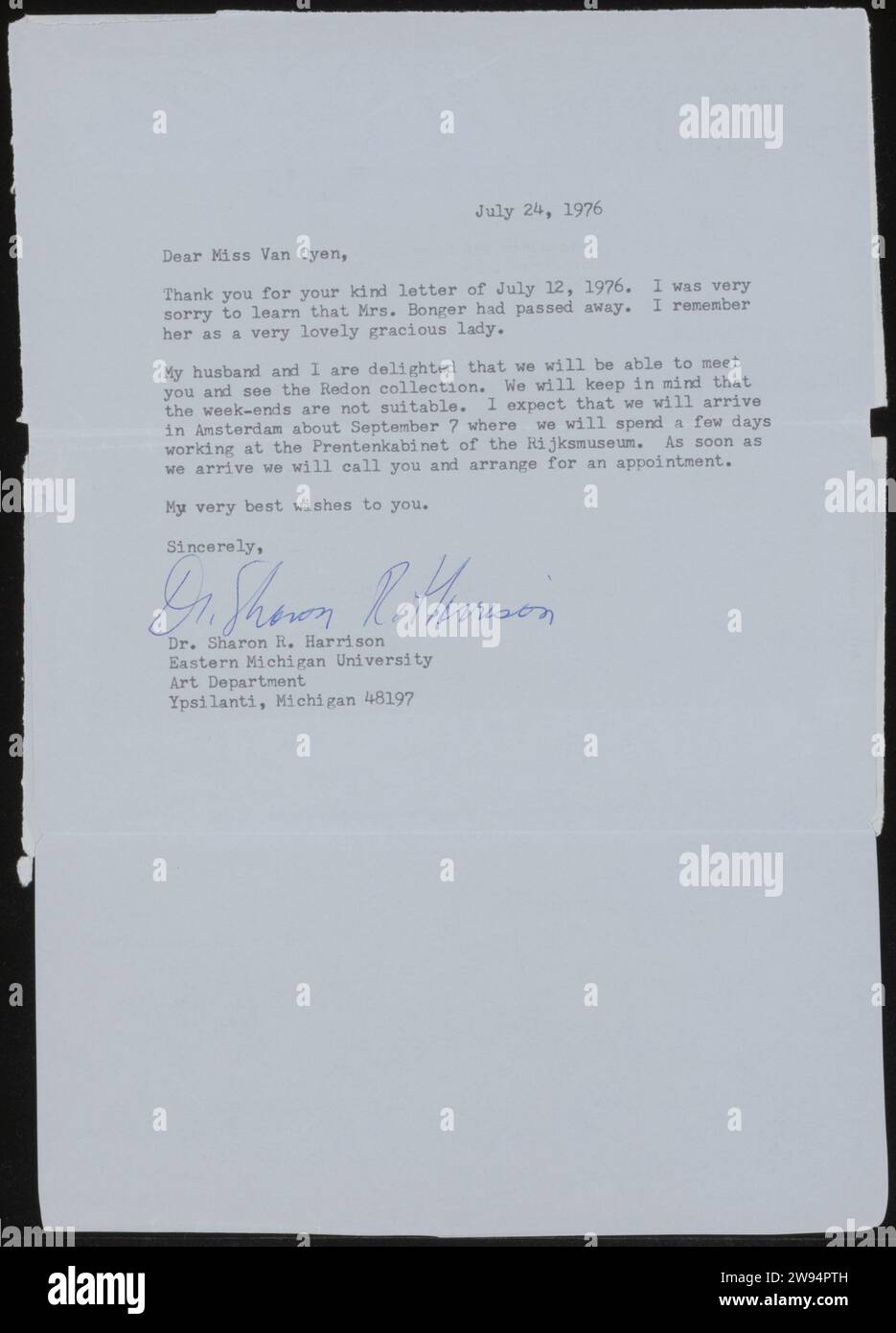 Letter to Suze van Oyen, Eastern Michigan University, 1976 letter ...