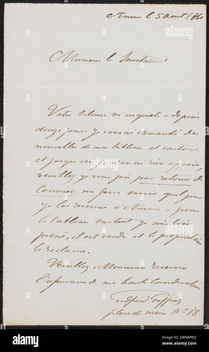 Letter to Anonymous, Godfried Guffens, 1860 letter Antwerp paper. ink ...