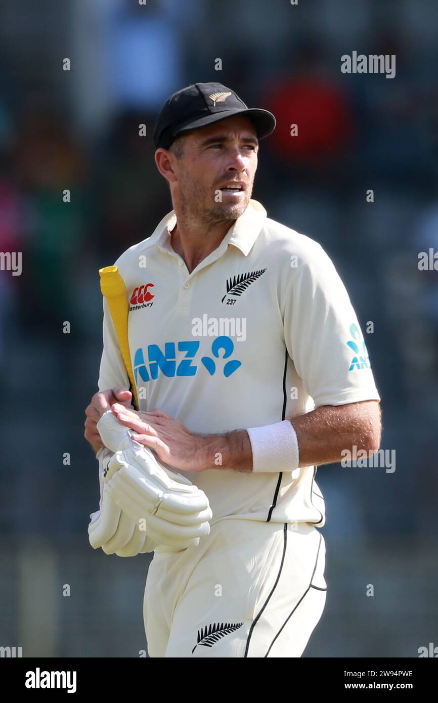 New Zealand captain Tim Southee walks on after dismisal by Taijul Islam ...
