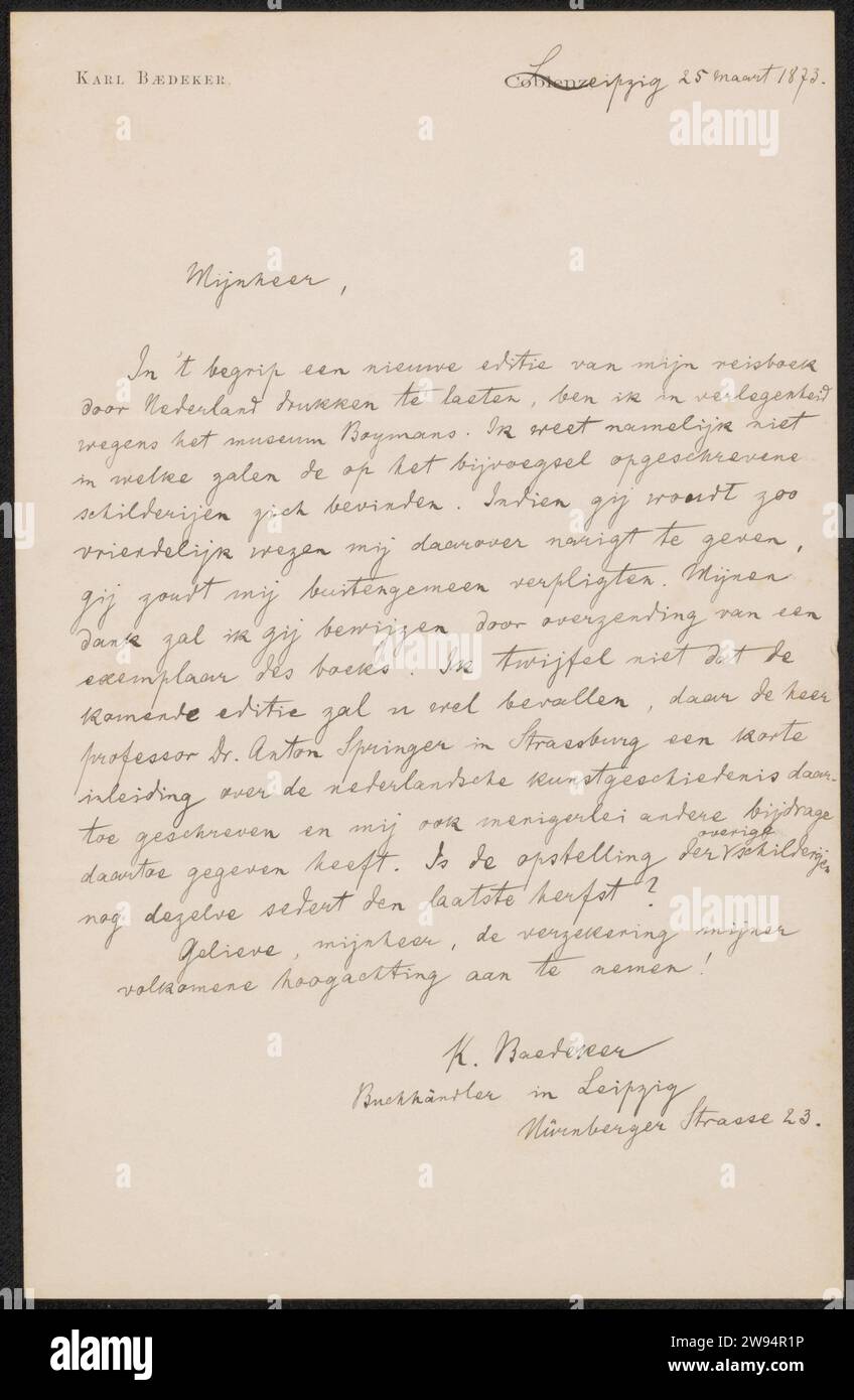 Letter to Ary Johannes Lamme, Karl Baedeker, 1873 letter Leipzig paper. ink writing (processes ...