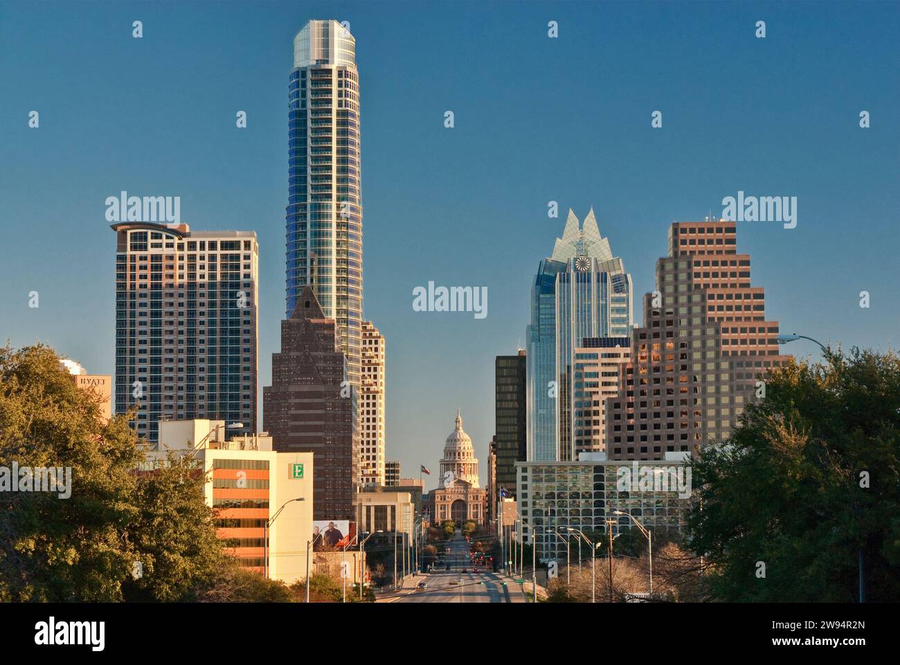 View down Congress Avenue at Texas Capitol and Downtown buildings, The ...