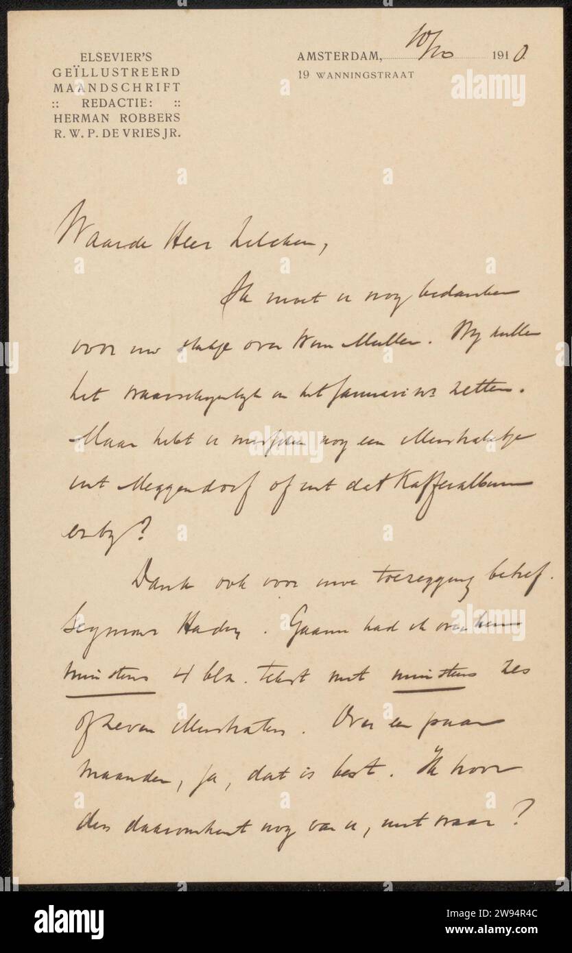 Letter to Philip Zilcken, Elsevier's Illustrated Monthly, 1910 letter ...