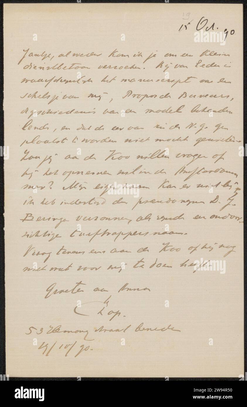 Letter to Jan Veth, Chap van Deventer, 1890 letter Amsterdam paper. ink ...
