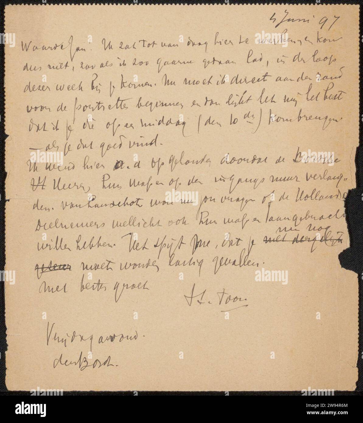 Letter to Jan Veth, Antoon Derkinderen, 1897 letter the Bosch paper ...