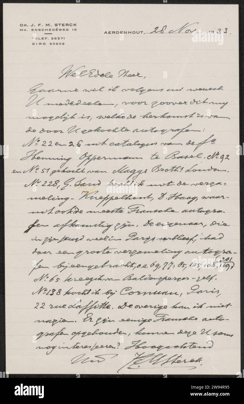 Letter to Mr. J.J.W.B. Van Dijck, Johannes Franciscus Maria Sterck ...