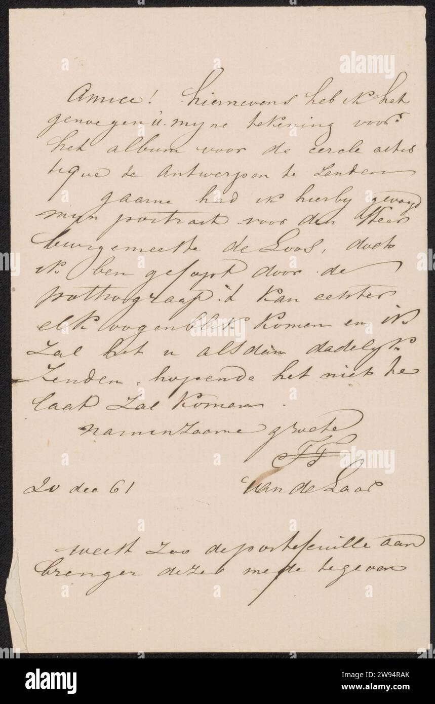Letter to Ary Johannes Lamme, J.F. Van de Laar, 1861 letter paper. ink writing (processes) / pen ...