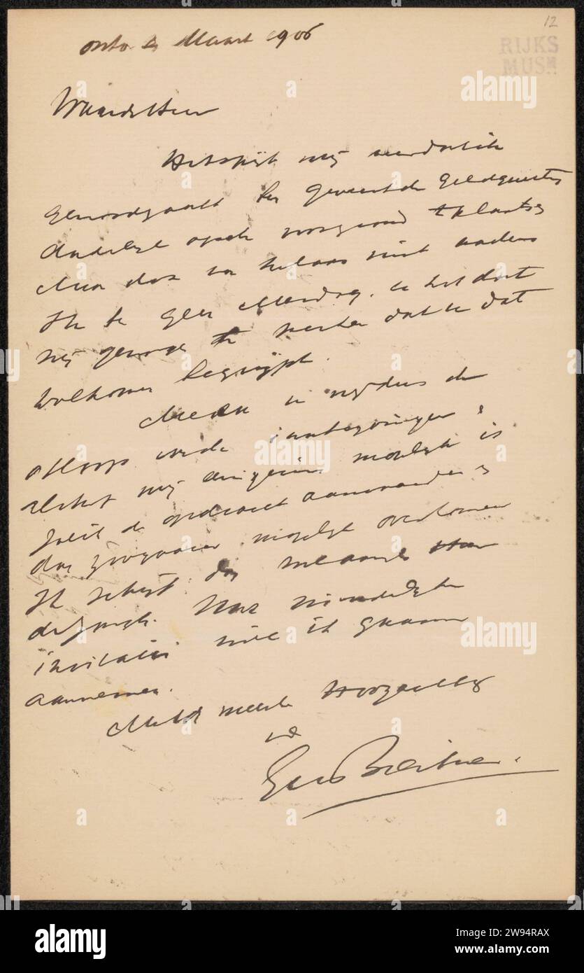 Letter to Pieter Haverkorn van Rijsewijk, George Hendrik Breitner, 1906 ...
