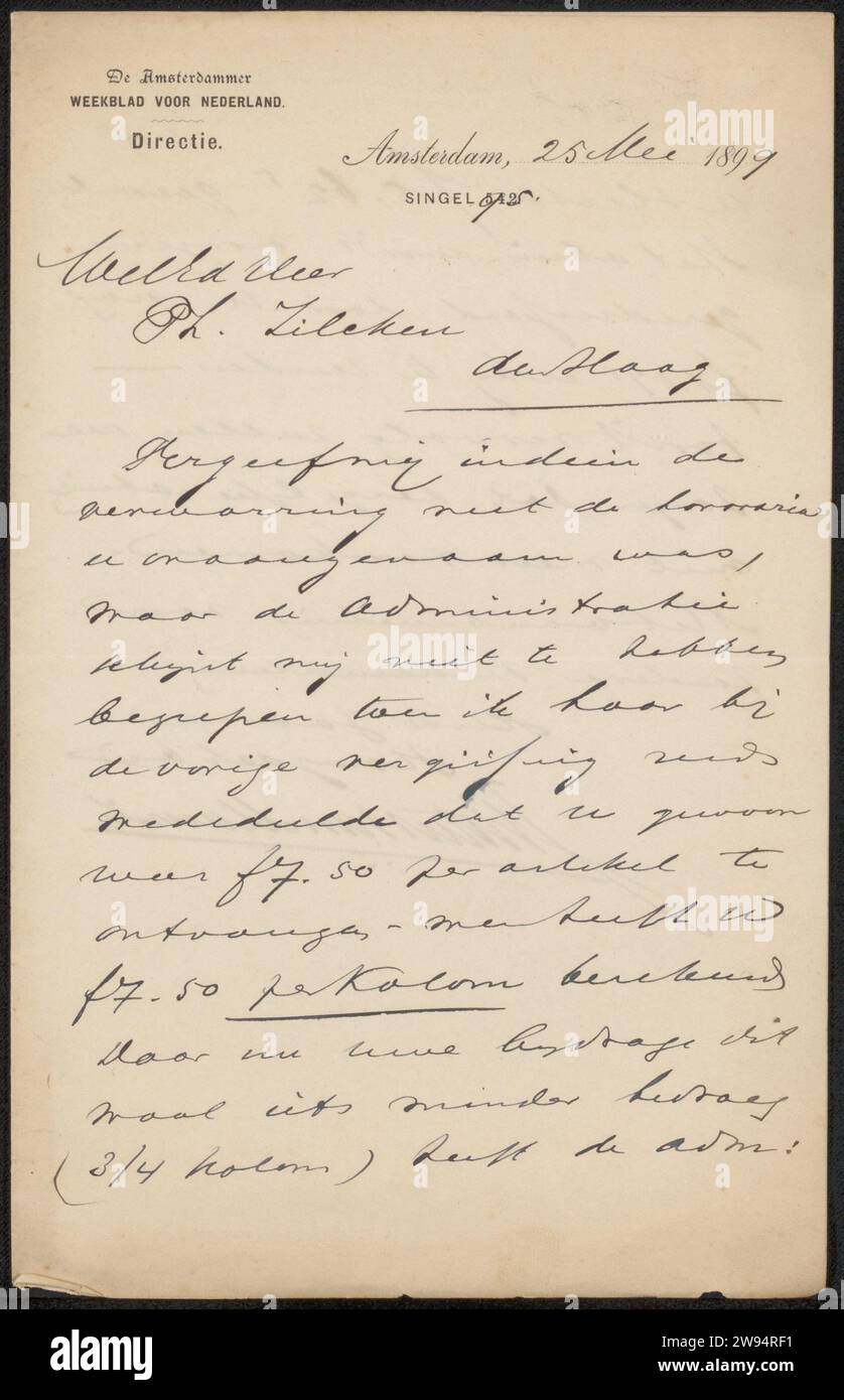 Letter to Philip Zilcken, 1899 letter Amsterdam paper. ink writing ...