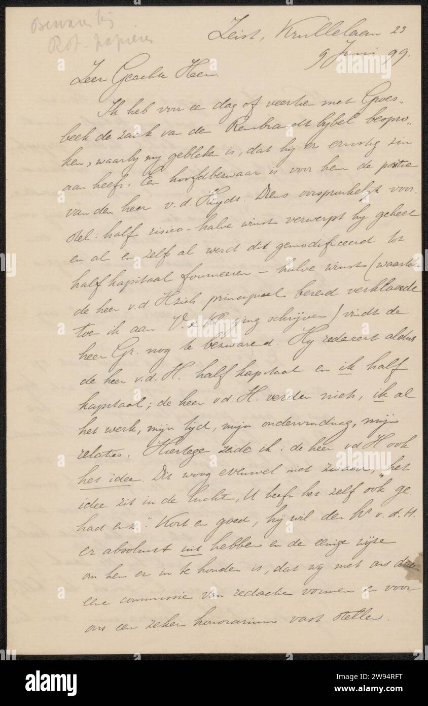 Letter to Jan Veth, Cornelis Hofstede de Groot, 1899 letter Zeist paper ...