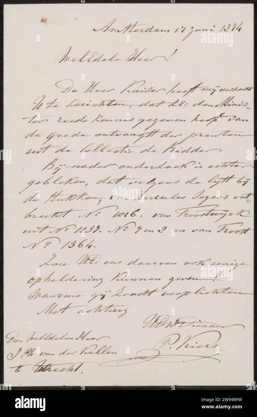 Letter to Johan Philip van der Kellen, Petrus Kiers, 1874 letter ...
