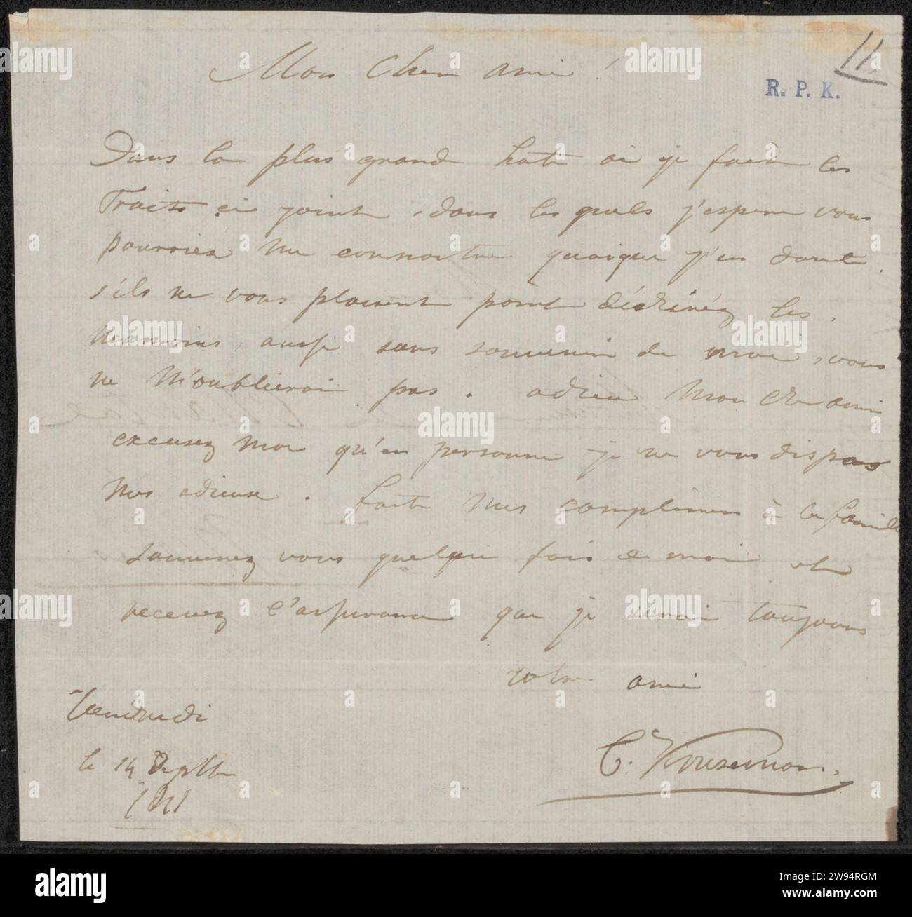 Letter to Mr. Du Chantal, Cornelis Kruseman, 1841 letter paper. ink ...