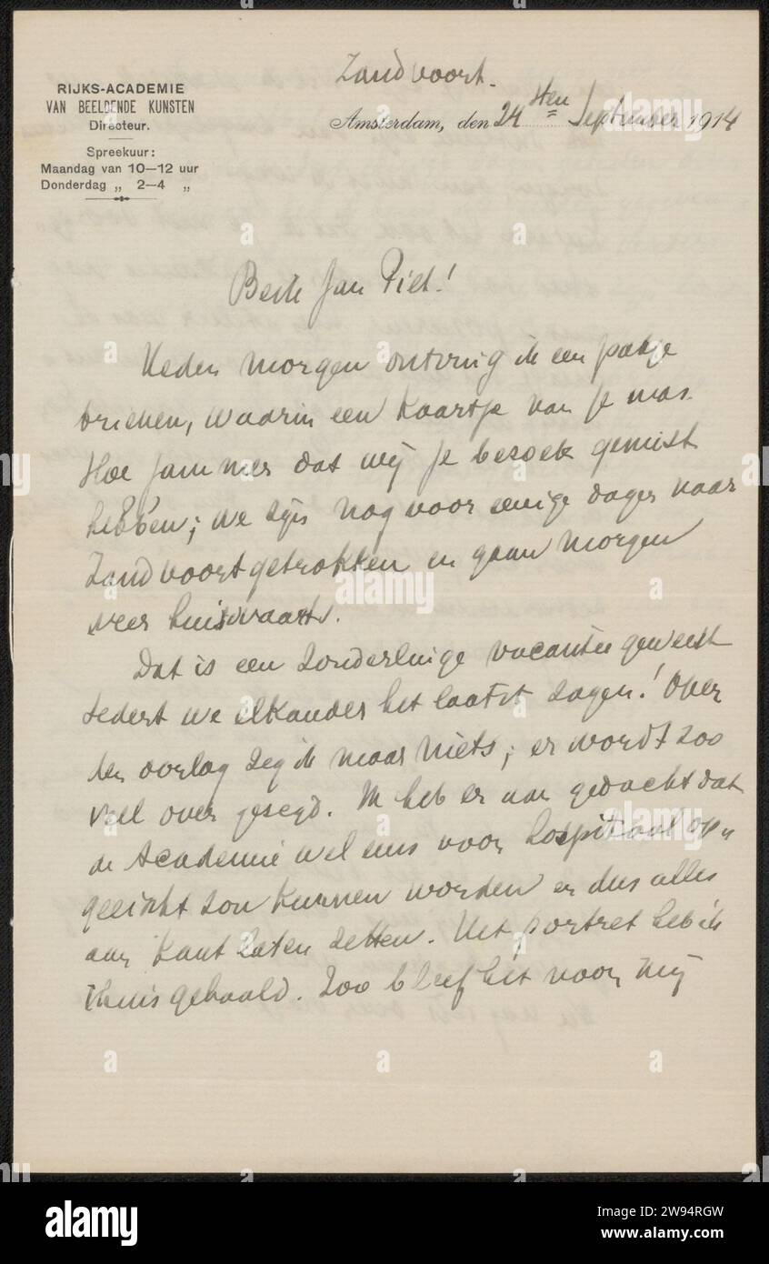 Letter to Jan Veth, Antoon Derkinderen, 1914 letter Zandvoort paper ...