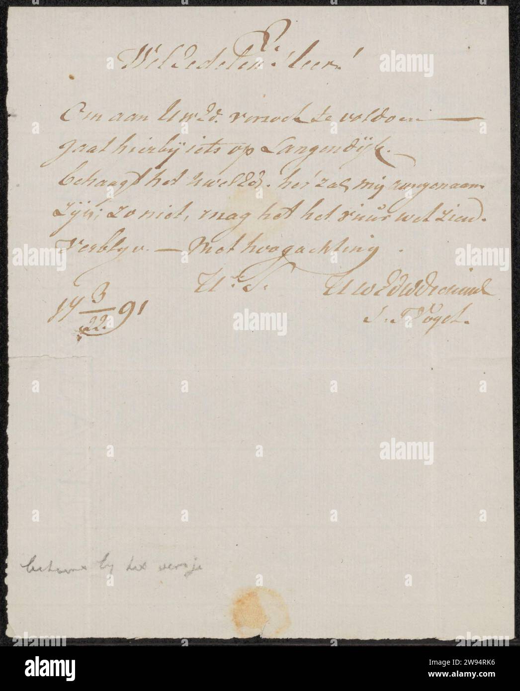 Letter to Aernout van Beeftingh, Unknown, 1791 letter Letter contains a ...