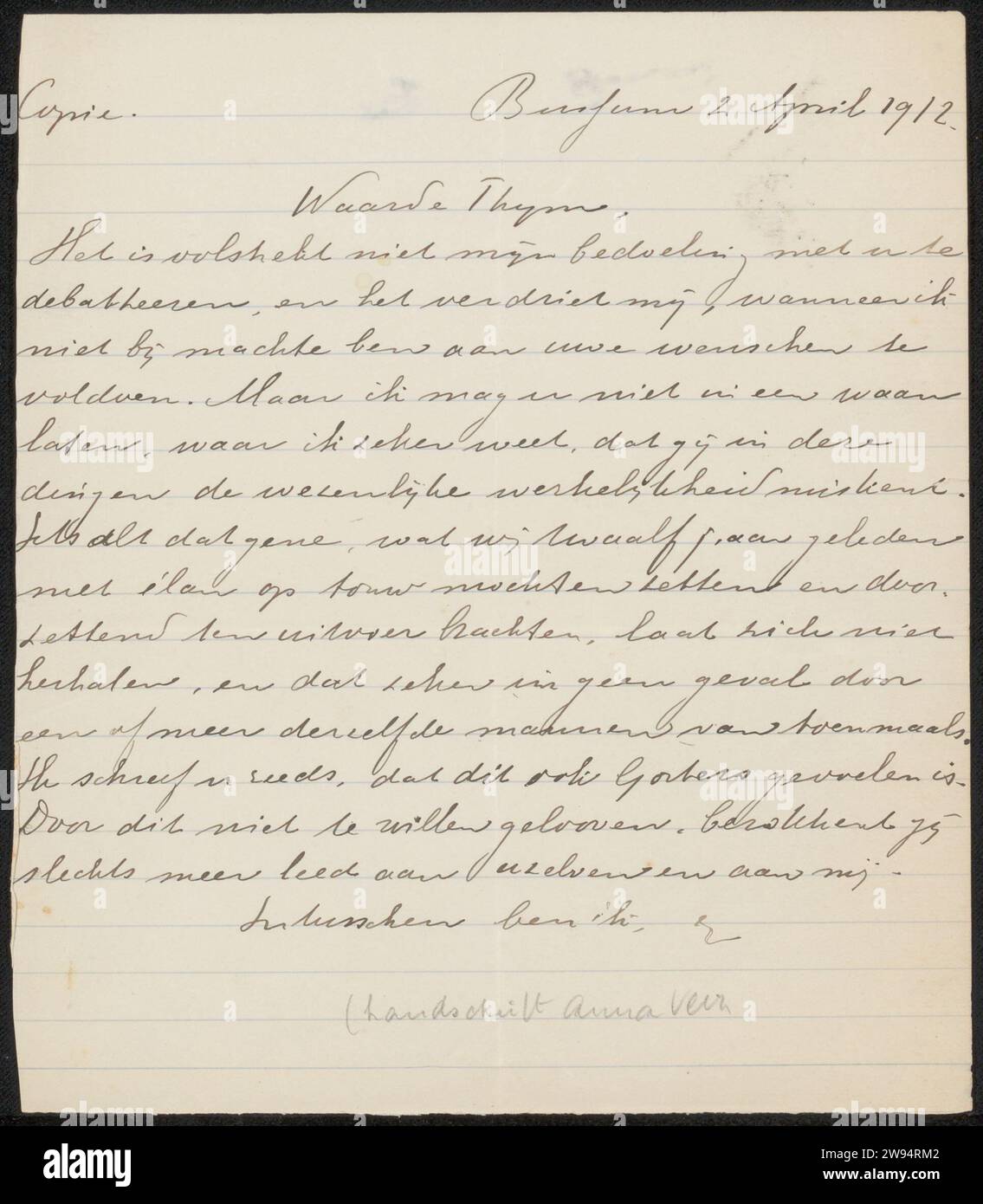 Copie letter from Jan Veth to Lodewijk van Deyssel, Anna Dorothea Dirks ...