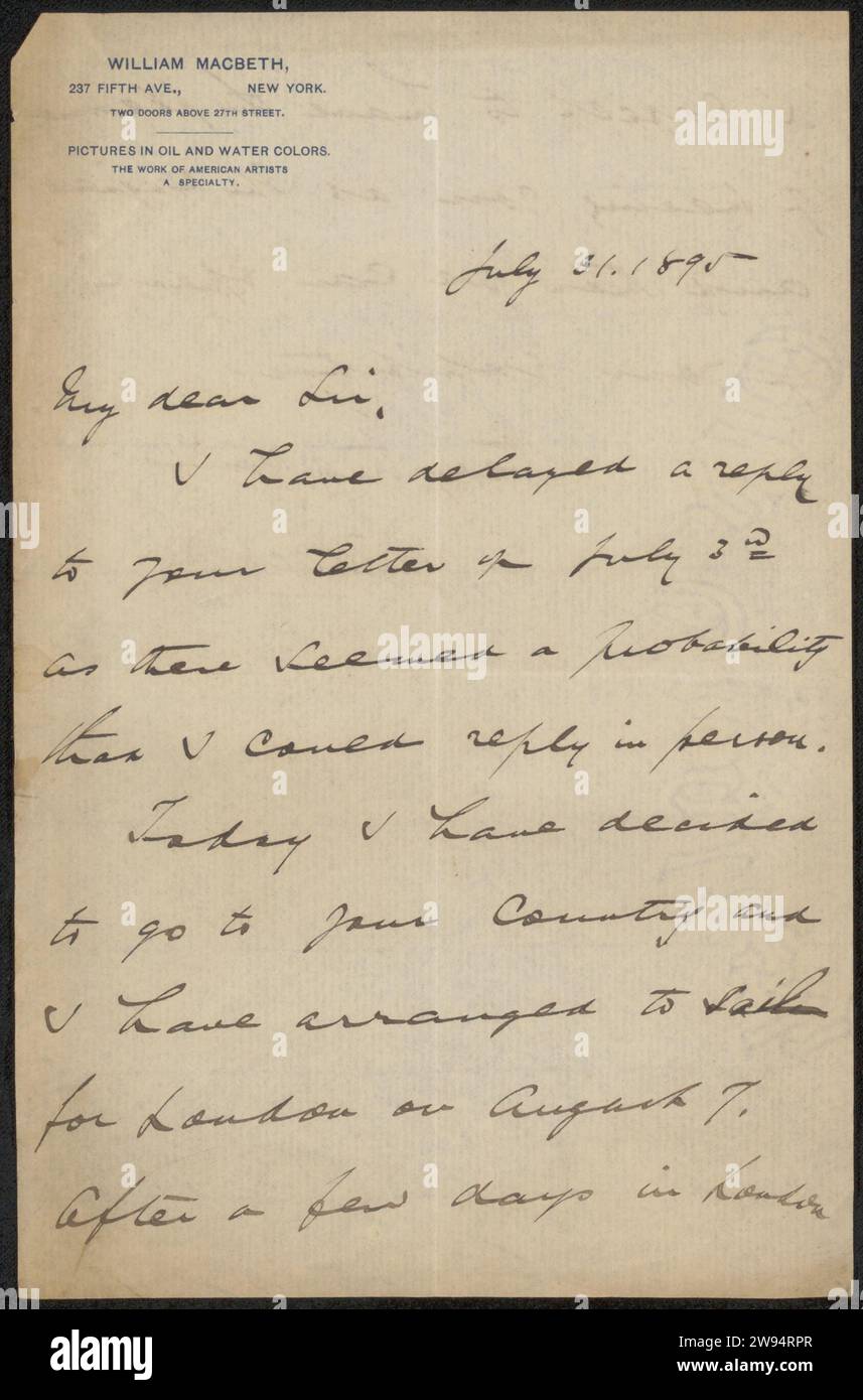 Letter to Philip Zilcken, William Macbeth, 1895 letter New York (city ...