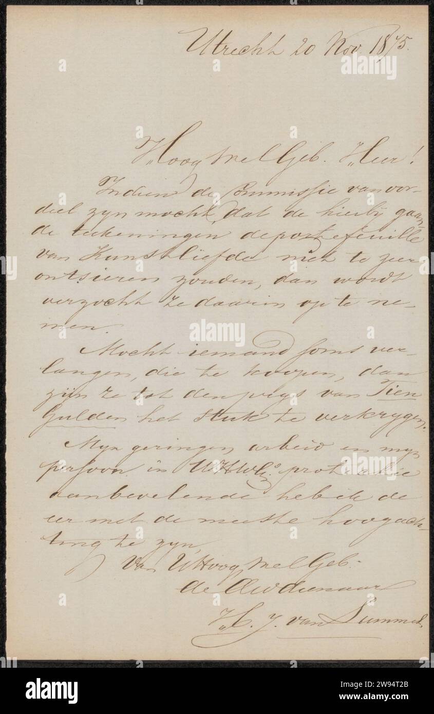Letter to Anonymous, Hendrik Jan van Lummel, 1875 letter Utrecht paper ...