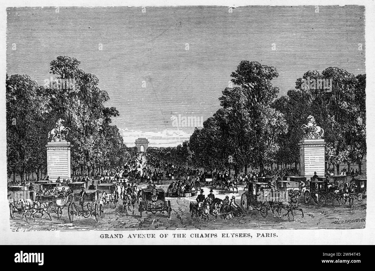 Engraving of the grand avenue of the Champs Elysees, Paris, France ...