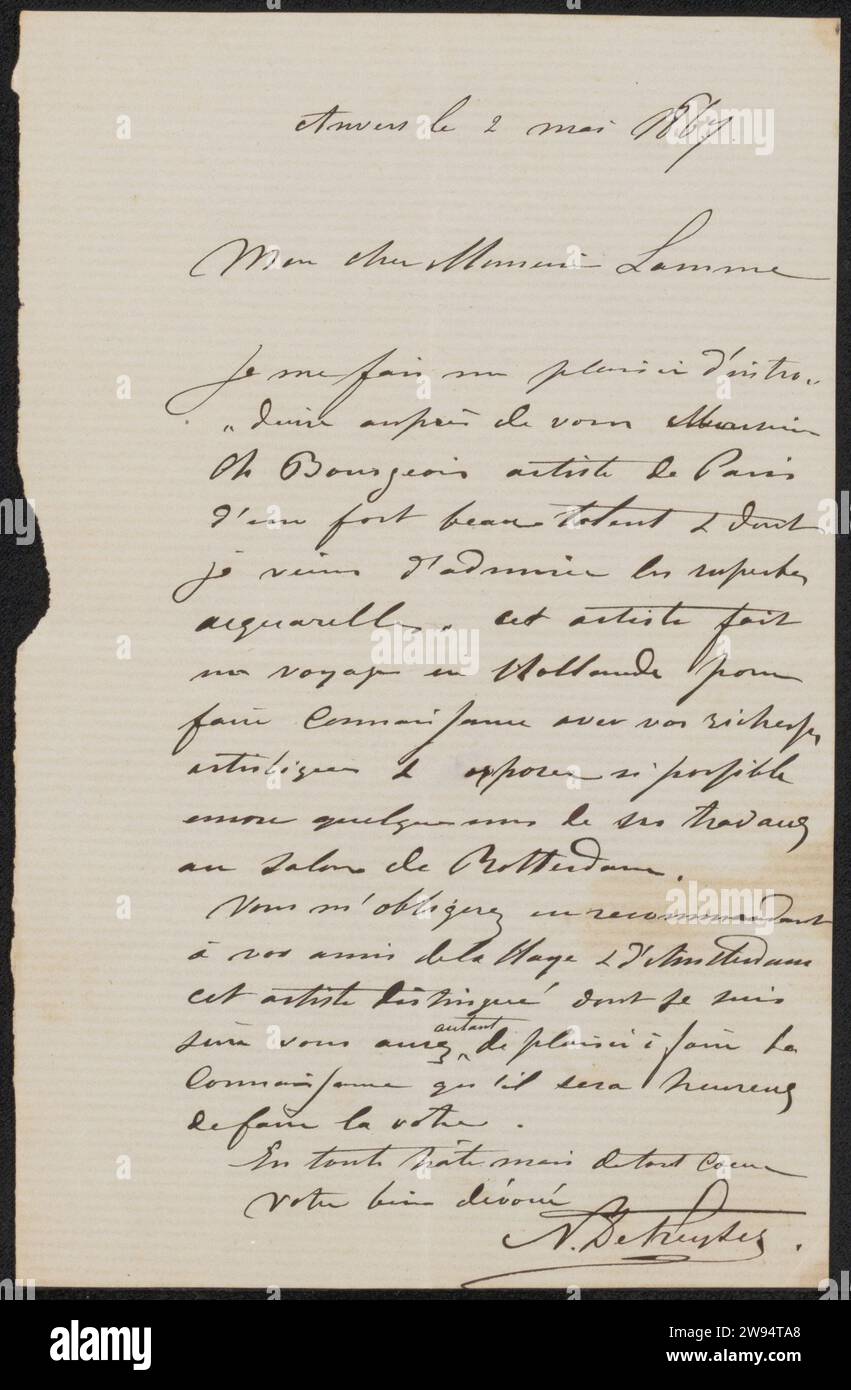 Letter to Ary Johannes Lamme, Nicaise de Keyser, 1867 letter Antwerp ...