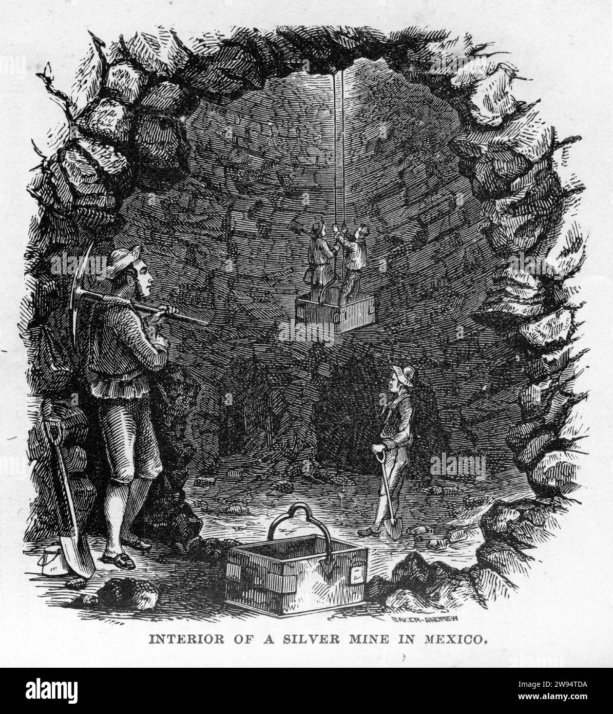 Engraving of the interior of a silver mine in Mexico, from The ...