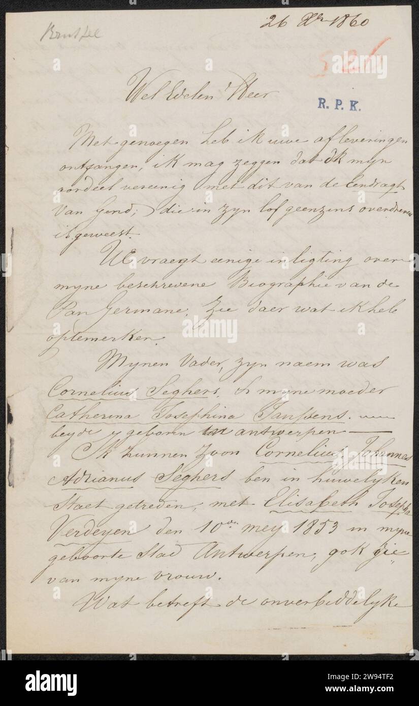 Letter to Christiaan Kramm, Corneille Seghers, 1860 letter paper. ink ...