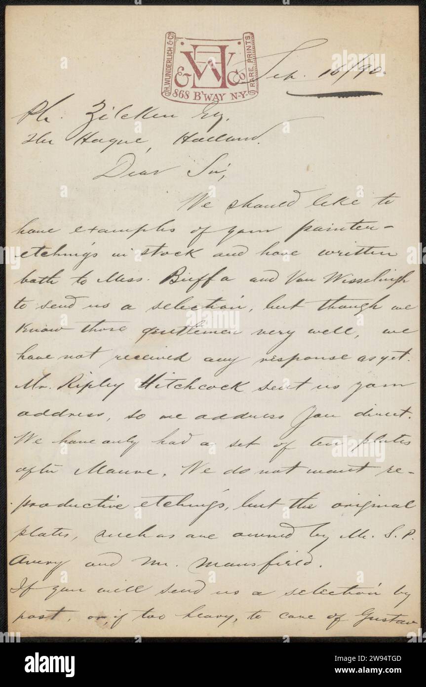 Letter Aan Philip Zilcken, Wunderlich & Co, 1890 letter New York (city ...