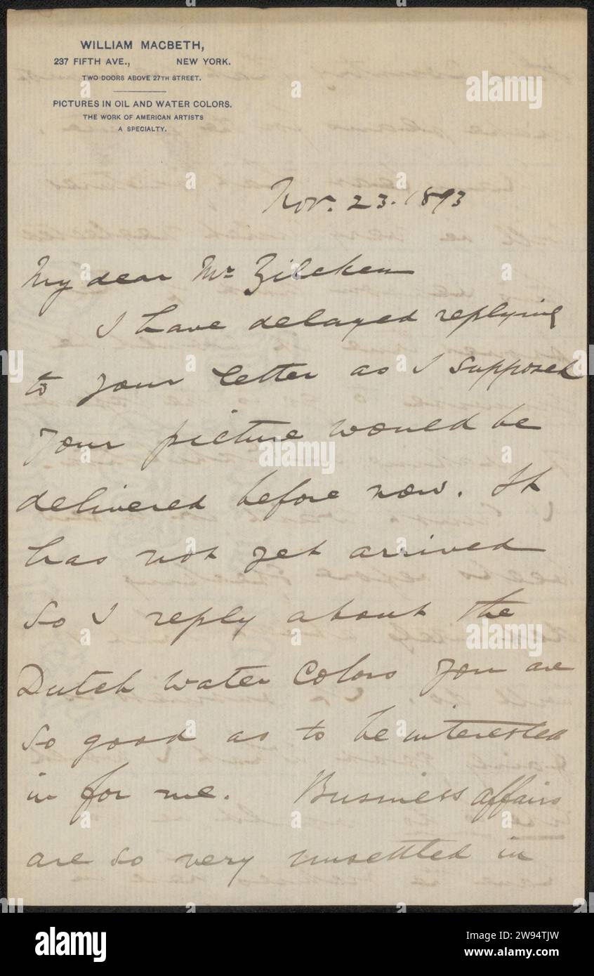 Letter to Philip Zilcken, William Macbeth, 1893 letter New York (city ...