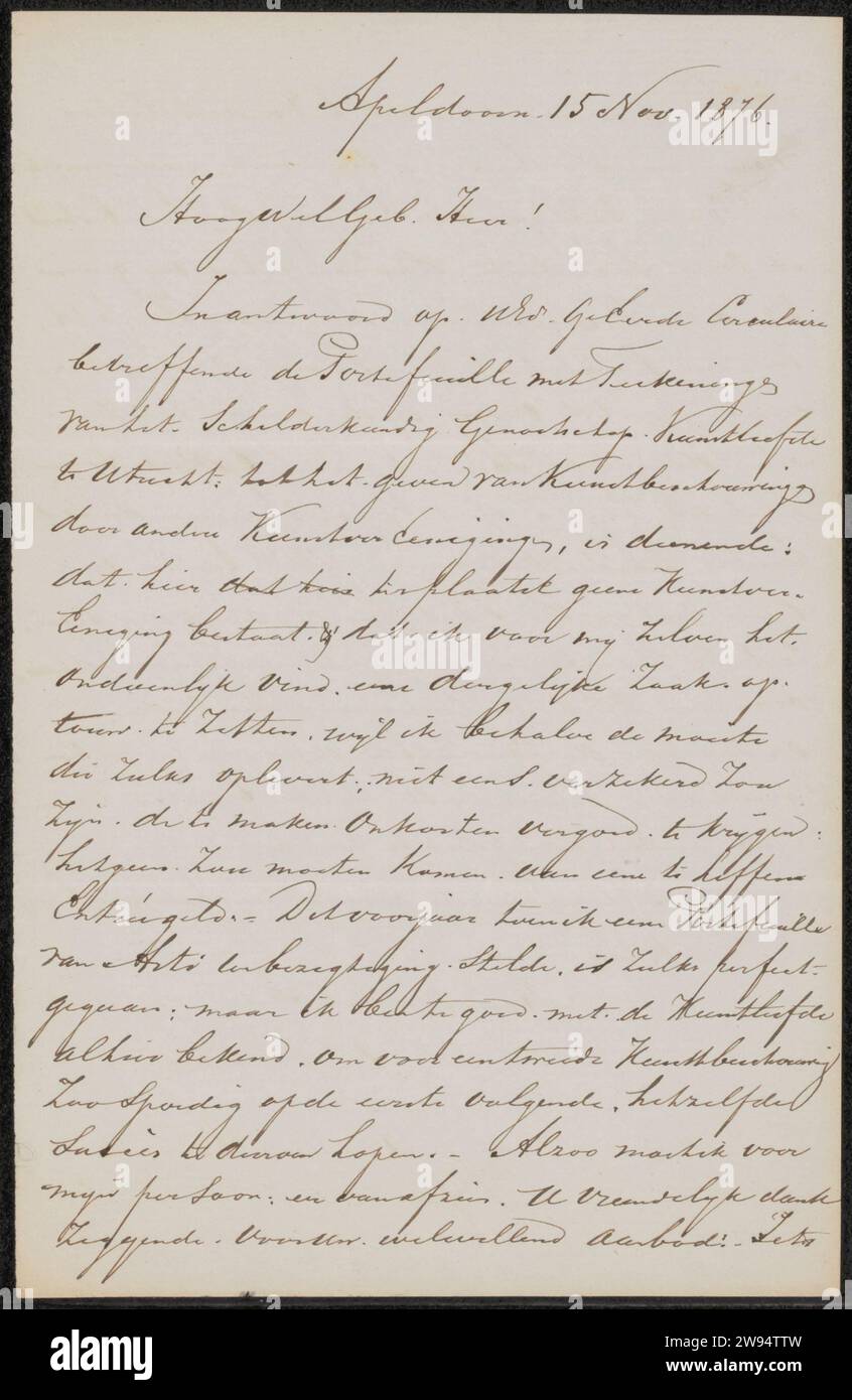 Letter to Anonymous, Jacob Jan van der Maaten, 1876 letter Apeldoorn ...