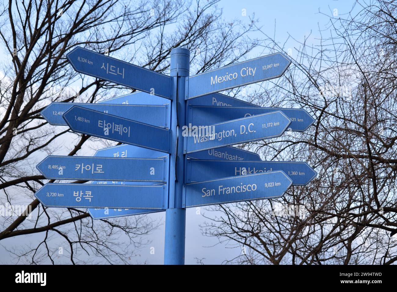 A blue pole with many direction signs pointing to large cities around ...
