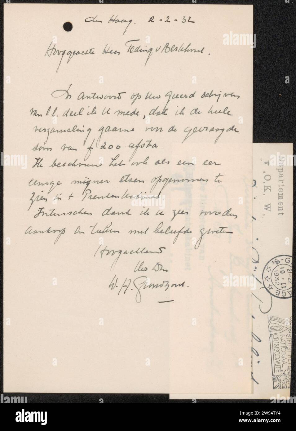 Letter to Jonkheer Hendrik Teding van Berkhout (1879-1969), Willem ...