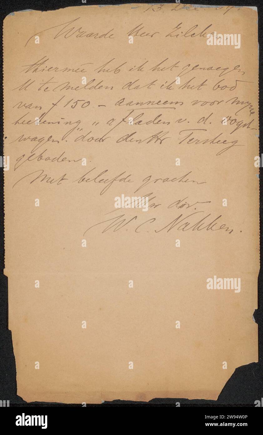 Letter to Philip Zilcken, Willem Carel Nakken, in Or Before 1889 letter ...