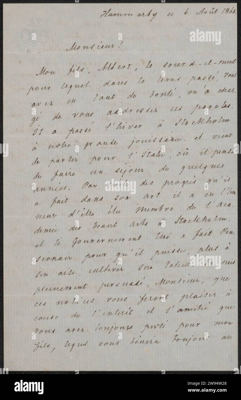 Letter to Ary Johannes Lamme, Isak Albert Berg, 1860 letter Hammarby paper. ink writing ...