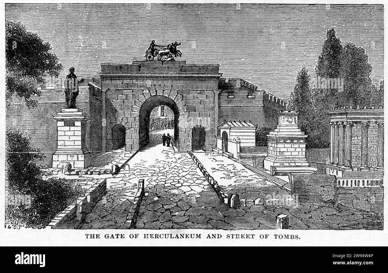 Engraving of the gate of herculaneum and street of tombs, from The ...