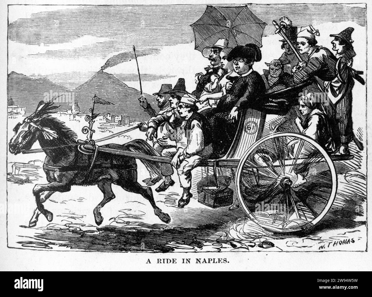 Engraving of a family driving in a horse-drawn carriage near Naples ...