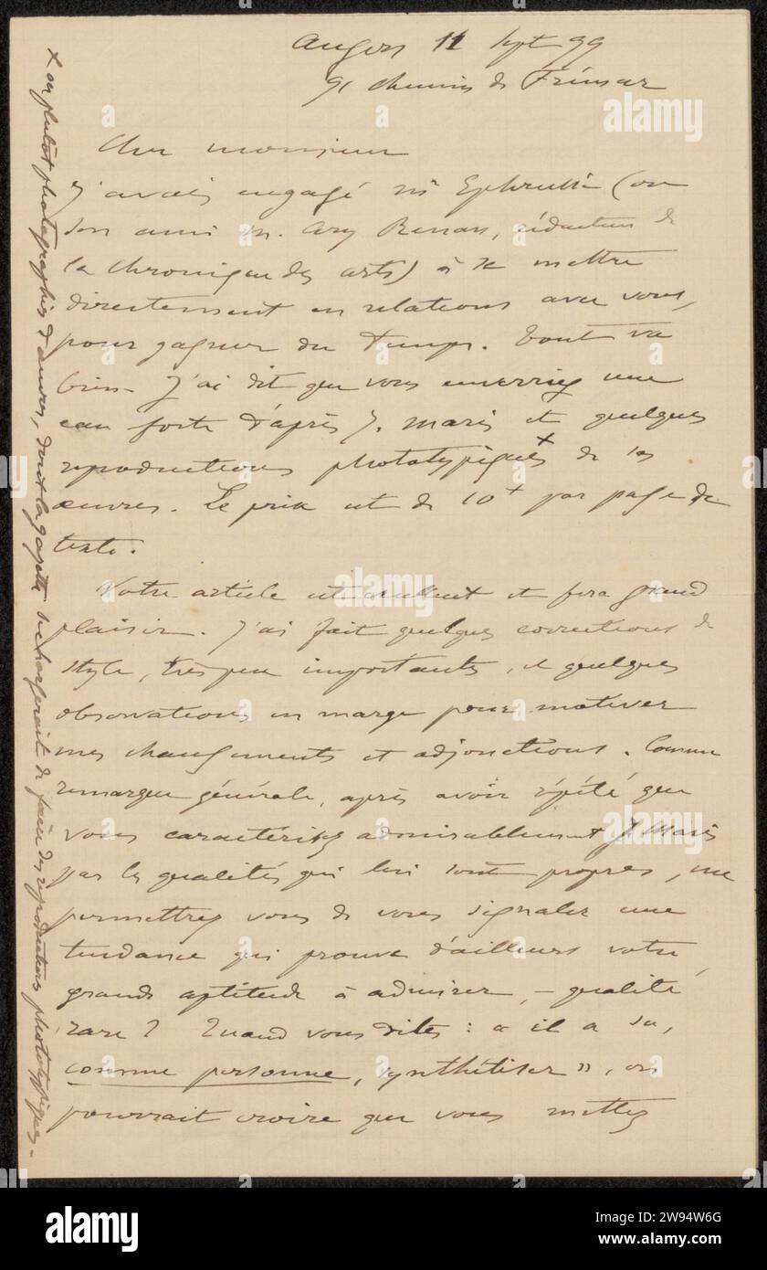 Letter to Philip Zilcken, 1899 letter Angers paper. ink writing ...