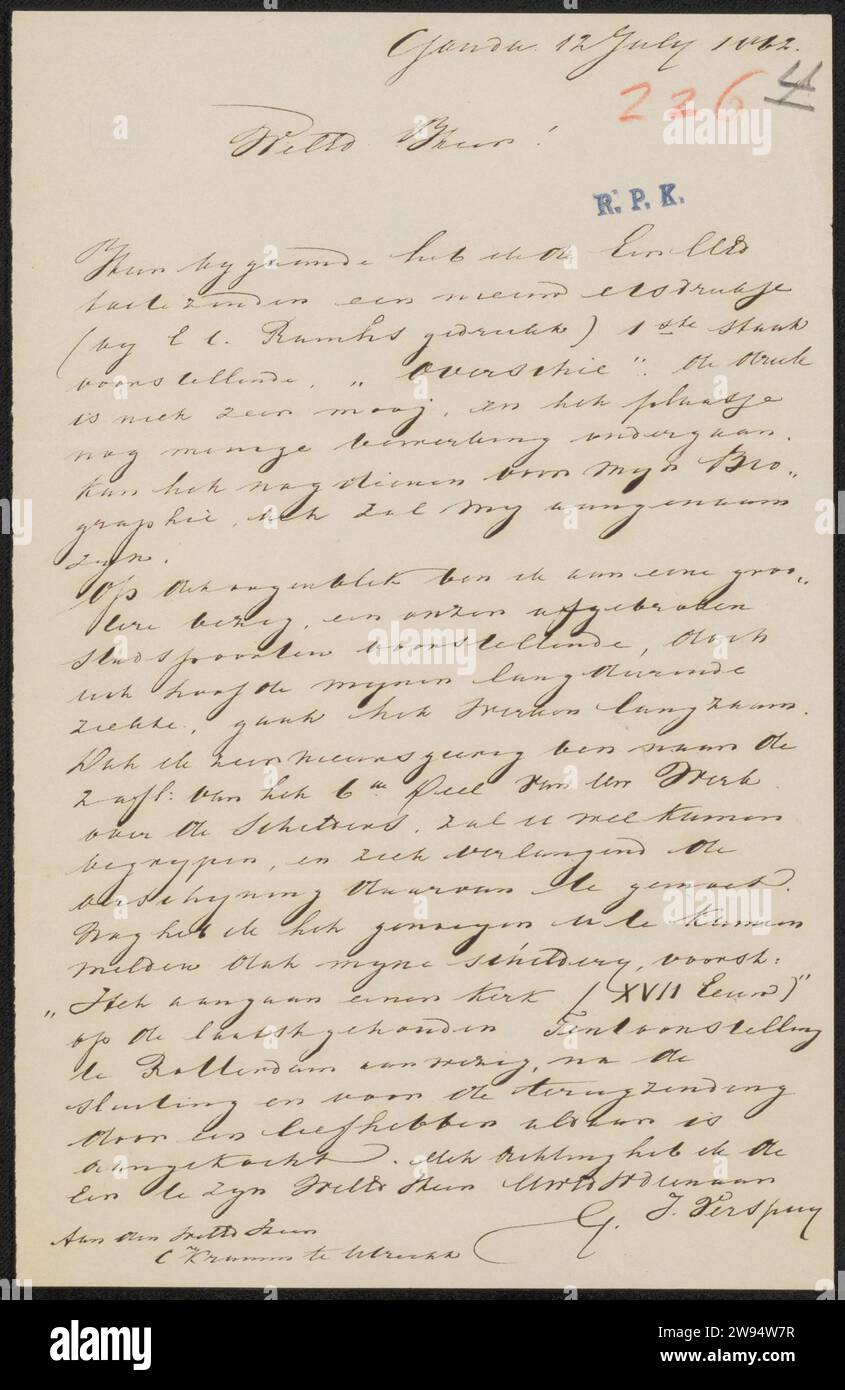 Letter to Christiaan Kramm, Gijsbertus Johannes Verspuy, 1862 letter ...