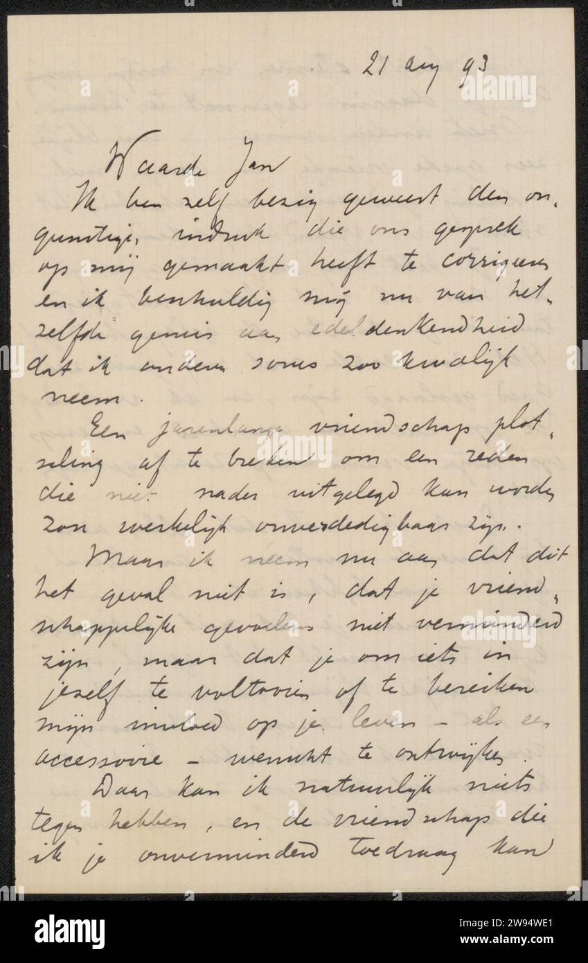 Letter to Jan Veth, Frederik van Eeden, 1893 letter paper. ink writing ...