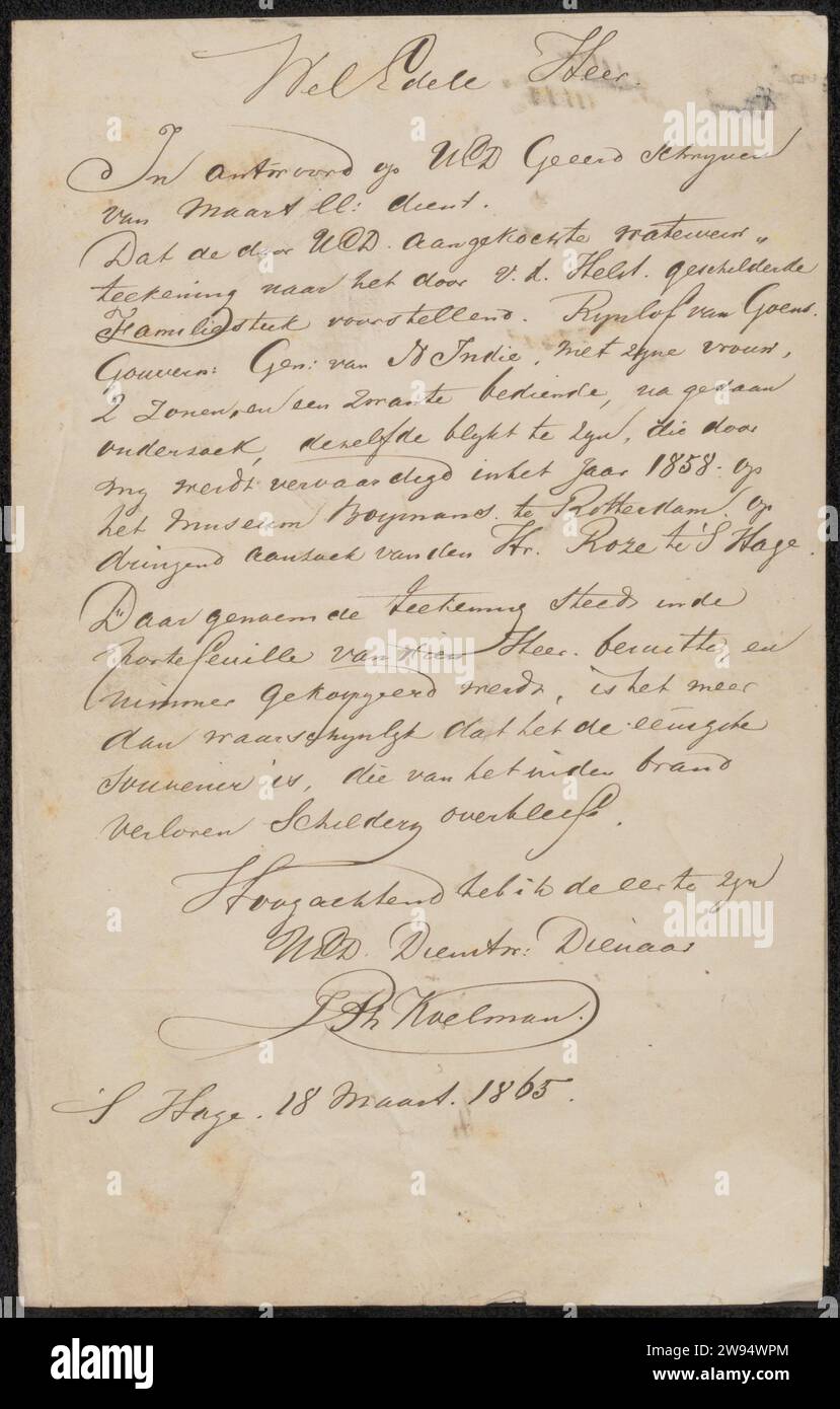 Letter to Anonymous, Johan Philip Koelman, 1865 letter The Hague paper ...