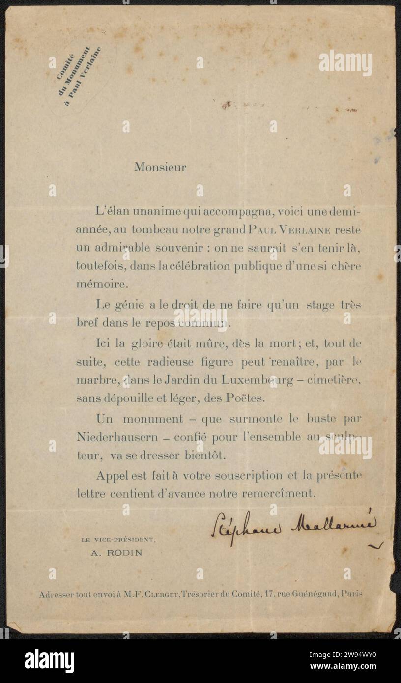 Letter to Philip Zilcken, Auguste Rodin, 1896 - 1898 letter Paris paper ...