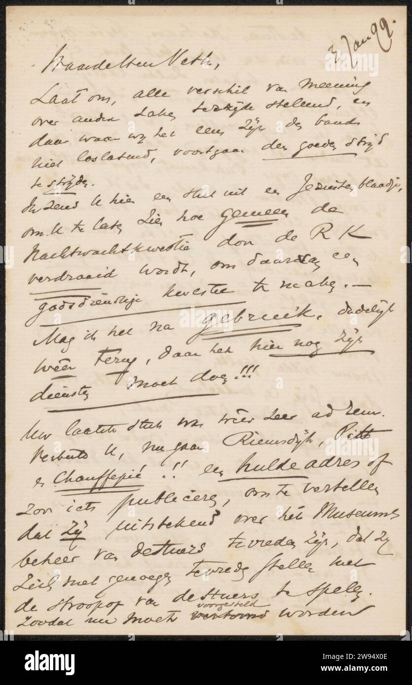 Letter to Jan Veth, Abraham Bredius, 1899 letter paper. ink writing ...