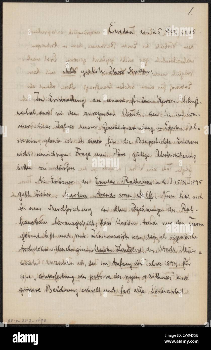 Letter to Pieter Haverkorn van Rijsewijk, F. Ritter, 1905 letter Emden ...