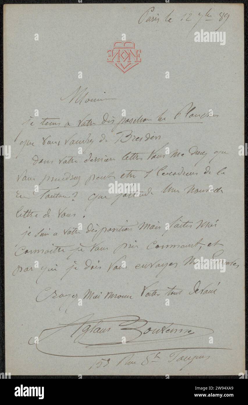 Letter to Philip Zilcken, 1889 letter Paris paper. ink writing ...