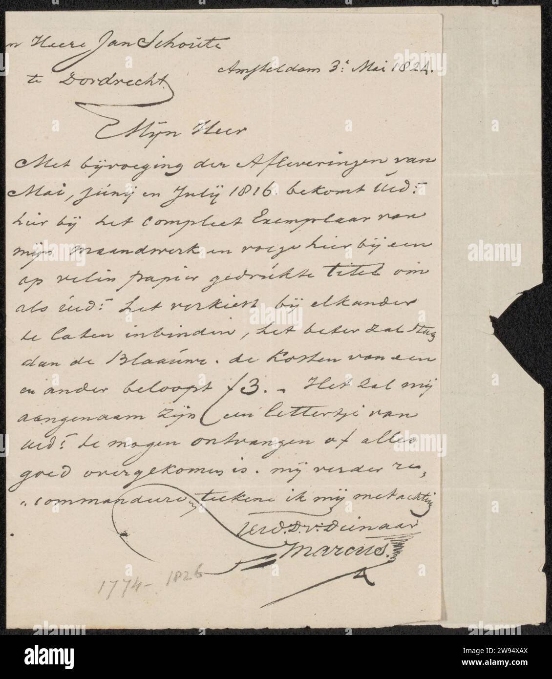 Letter to Jan Schouten (poet), Jacob Ernst Marcus, 1824 letter ...